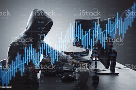 Hacker Using Computers At Desk With Glowing Candlestick Forex Chart On Gray Background With