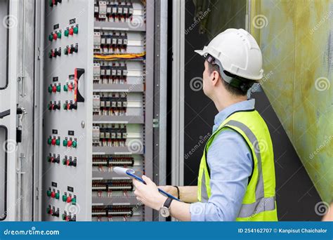 Electrical Engineer Working In Control Room Electrical Engineer Man Checking Power Distribution