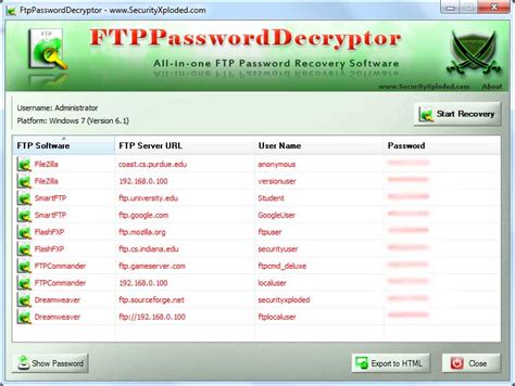 ftppassworddecryptor showing recovered passwords