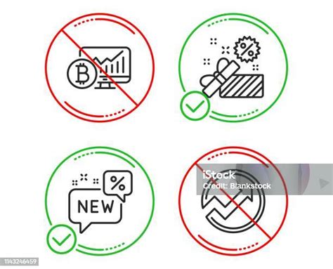 비트 코인 차트 판매 및 새로운 아이콘을 설정 합니다 감사 기호입니다 암호 화폐 통계 선물 상자 할인 화살표 그래프 벡터 그래프에 대한 스톡 벡터 아트 및 기타 이미지