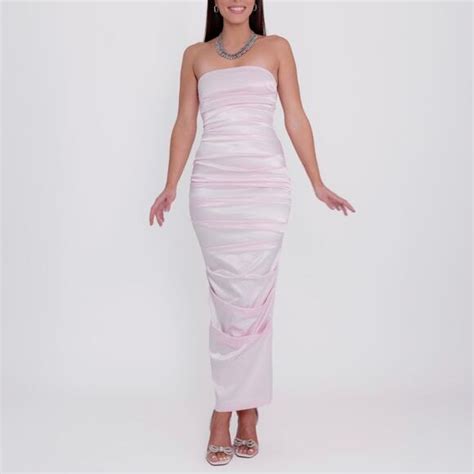 Amazing Mae Dresses Amazing Mae Pink Ruched Strapless Satin Maxi