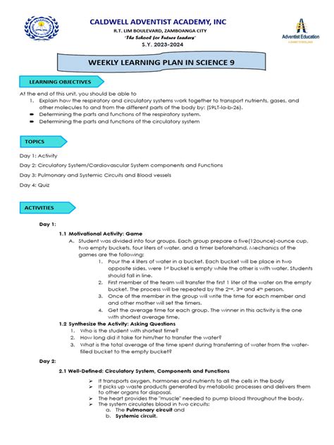 Science Lesson Plan Week 1 Pdf Blood Human Body