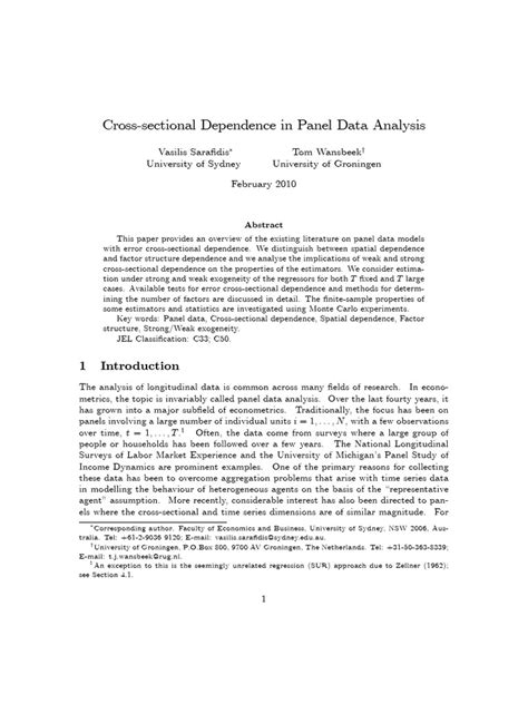Cross Sectional Dependence In Panel Data Analysis Pdf Econometrics