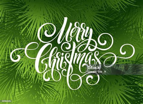 메리 크리스마스 필기 스크립트 글자입니다 인사말 크리스마스 트리를 배경입니다 벡터 일러스트 레이 션 12월에 대한 스톡 벡터