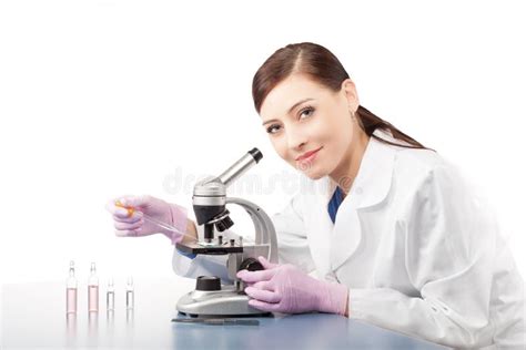 Woman Using A Microscope In A Laboratory Stock Photo Image Of Caucasian Biomedical 52826520