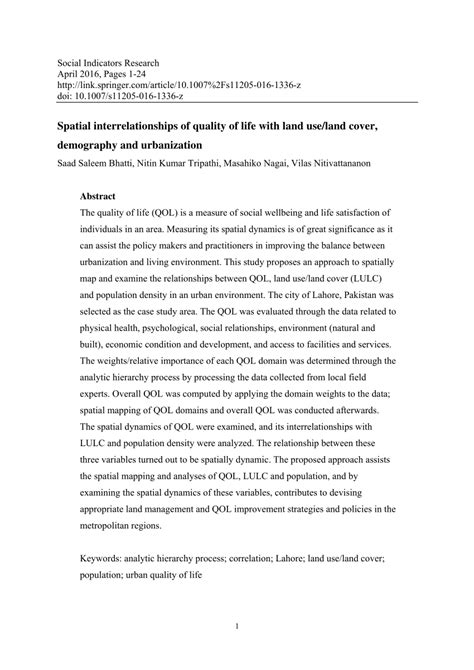 Pdf Spatial Interrelationships Of Quality Of Life With Land Useland Cover Demography And