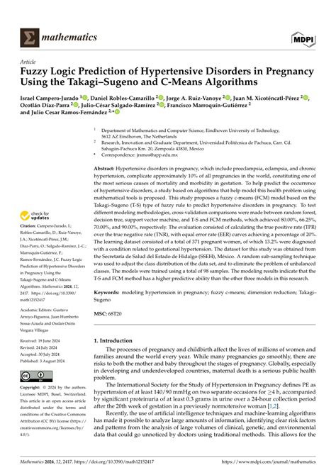 Pdf Fuzzy Logic Prediction Of Hypertensive Disorders In Pregnancy Using The Takagisugeno And
