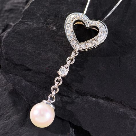 Open Heart Diamond And Pearl Slide Pendant Necklace 14k White Gold