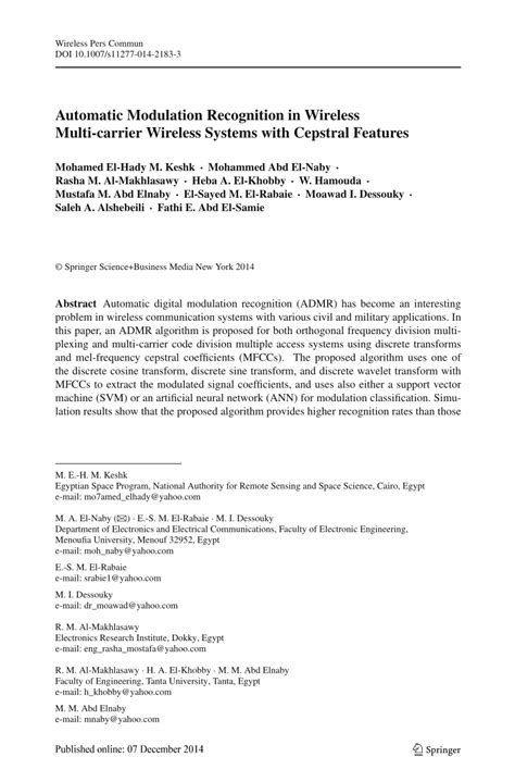 Pdf Automatic Modulation Recognition In Wireless Multi Carrier Wireless Systems With Cepstral
