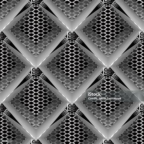 Modern Geometrik 3d Vektör Seamless Modeli Çizgili Radyal Rhombus Şekiller Kare Yunan Anahtar