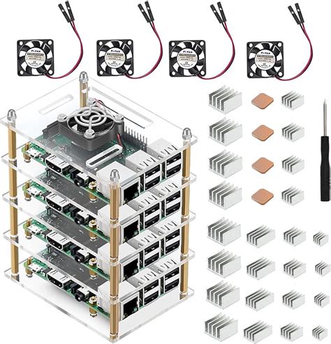 Iuniker Raspberry Pi 4 Cluster Case Clear Acrylic 4 Layer With Cooling Fan And Heatsink For