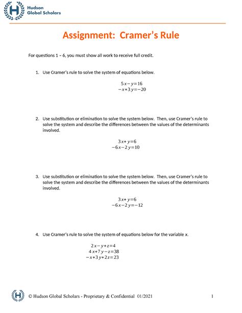 Assignment Cramers Rule Assignment Cramers Rule For Questions 1 6 You Must Show All