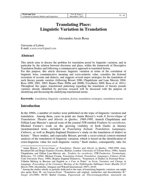 Translating Place Linguistic Variation In Translation Pdf Linguistics Dialect