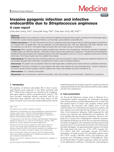 Pdf Invasive Pyogenic Infection And Infective Endocarditis Due To Streptococcus Anginosus A