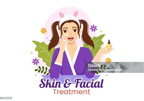 얼굴 및 피부 치료 그림 여성 피부 관리 노화 방지 절차 마사지 또는 Spa 웰빙 평면 만화 손으로 그린 템플릿 건강관리와