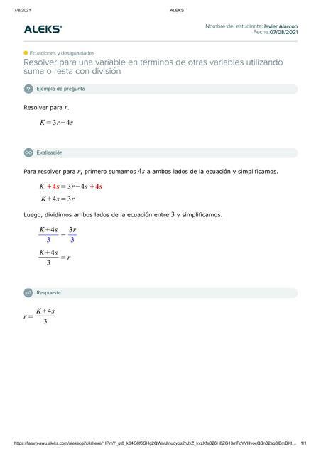Resolver para una variable en términos de otras variables utilizandosuma o resta con división