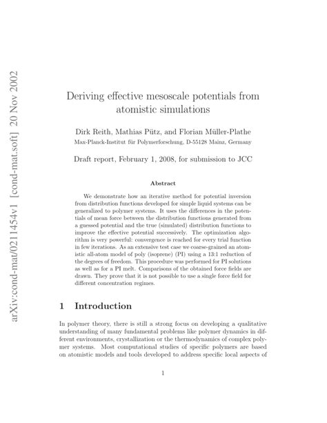 Pdf Deriving Effective Mesoscale Potentials From Atomistic Simulations