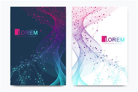 안내 책자 전단지 전단지 커버 배너 카탈로그 잡지 또는 연간 보고서 A4 크기에 대 한 최신 벡터 템플릿 Dna 나선 Dna 가닥 분자 또는 원자 신경 웨이브 흐름입니다