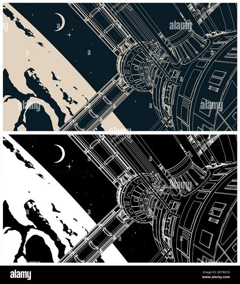 Stylized Vector Illustration Of A Spaceship Orbiting The Planet Closeup