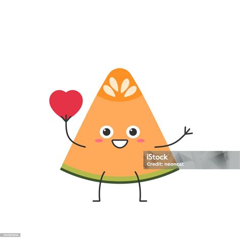 슬라이스 멜론 귀여운 캐릭터 만화 사랑 하트 인사 미소 얼굴 쾌활한 카와이 기쁨 행복 한 감정 아이콘 벡터 일러스트 건강한