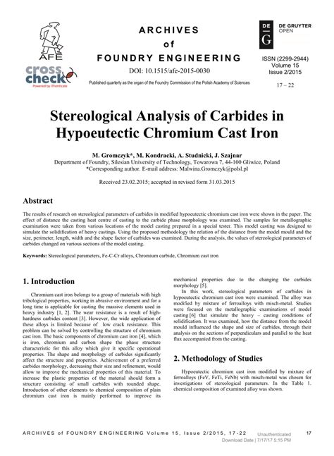Pdf Stereological Analysis Of Carbides In Hypoeutectic Chromium Cast Iron