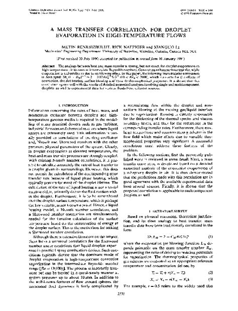Pdf A Mass Transfer Correlation For Droplet Evaporation In High