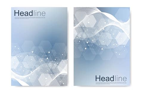브로셔 잡지 전단지 전단지 표지 책자 연례 보고서에 대한 벡터 템플릿 입자 의료 기술 화학 과학을위한 분자 구조와 현대 미래의 육각 형 패턴 보건의료기술에 대한 스톡 벡터