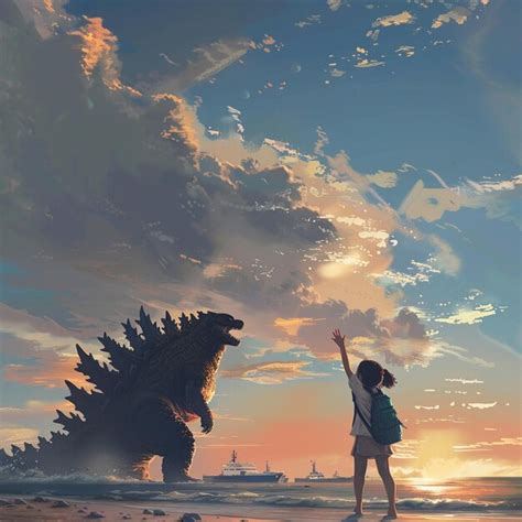 Majestic Standoff Girl And Godzilla On The Beach In A Dramatic Artistic