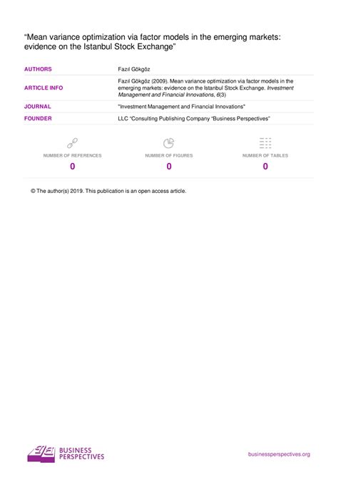 Pdf Mean Variance Optimization Via Factor Models In The Emerging Markets Evidence On The
