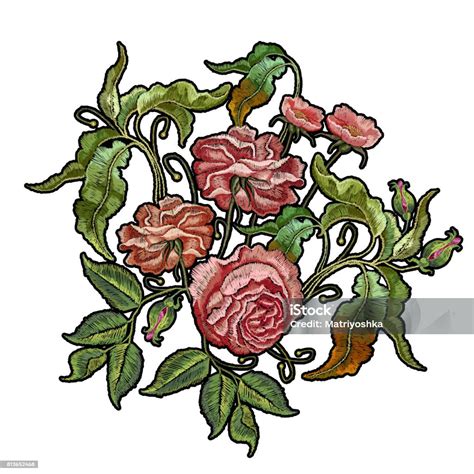 자 수 와일드 로즈 흰색 절연입니다 클래식 자 수 꽃 흰색 배경 템플릿 유행 옷 T셔츠 디자인 아름 다운 꽃 벡터에 꽃 봉 오리 장미 꽃 식물에 대한 스톡 벡터 아트 및