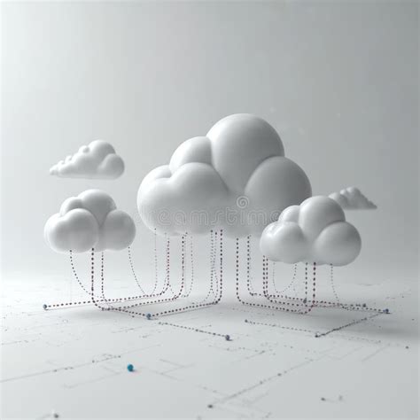 Conceptual 3d Render Of Cloud Computing Fluffy White Clouds Float In Cyberspace Stock