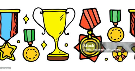 금메달로 만든 매끄러운 패턴 첫 번째 장소에 대한 금메달로 만든 원활한 벡터 템플릿 노란색 메달과 다양한 모양의 빨간색 리본과 주문의 수평 테두리 디자인 템플릿에 대한 흰색