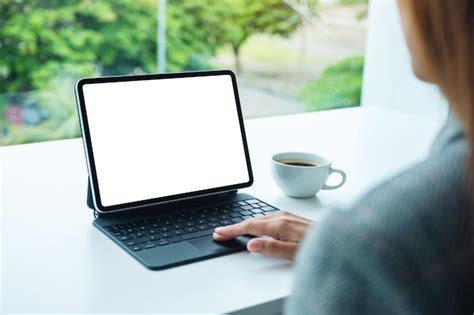 Premium Photo Mockup Image Of A Woman Touching On Tablet Touchpad With Blank White Desktop