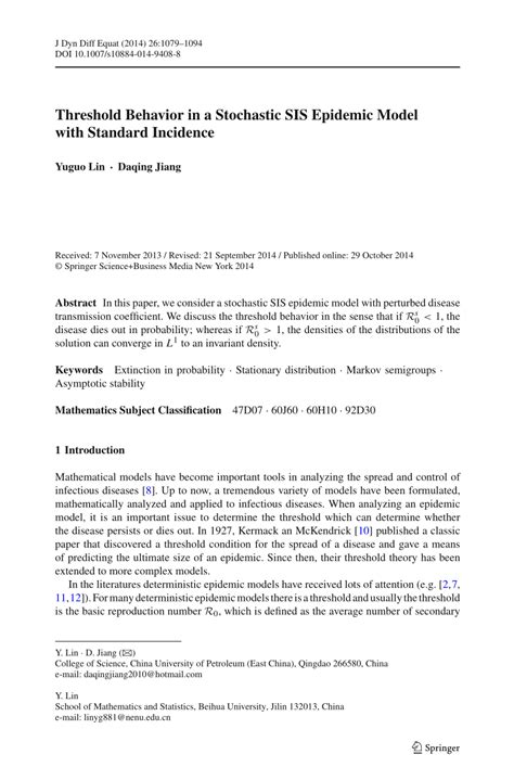 Pdf Threshold Behavior In A Stochastic Sis Epidemic Model With Standard Incidence
