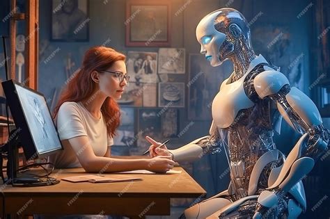 A Female Programmer Discusses Project Details With A Humanoid Robot Premium Ai Generated Image