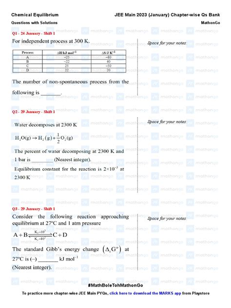 Chemical Equilibrium Jee Main 2023 January Chapter Wise Questions By Mathongo Pdf