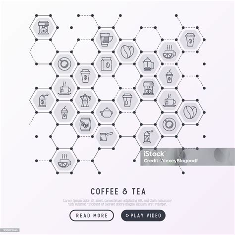 얇은 선 아이콘으로 넓어짐에 커피와 차 개념 종이 컵 Cezve 커피 메이커 주전자 카푸치노 컵 레몬 차 려 분쇄기 현대 벡터 일러스트입니다 가방에 대한 스톡 벡터 아트 및