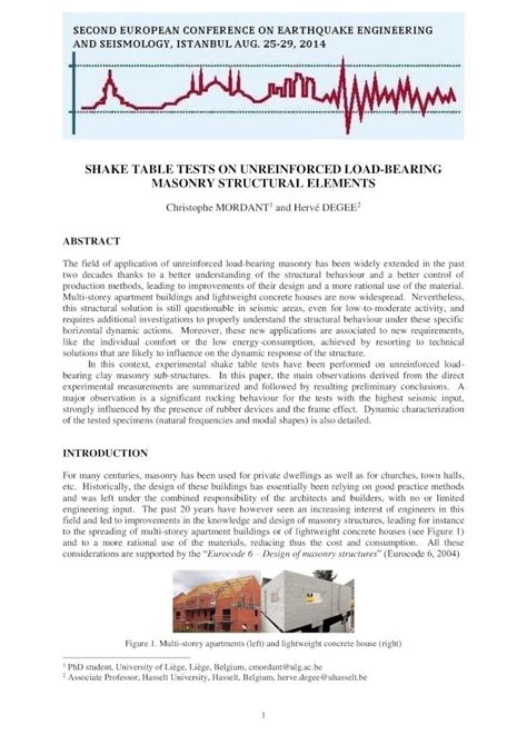 Pdf Shake Table Tests On Unreinforced Load Bearing Masonry · Understanding Of The Structural