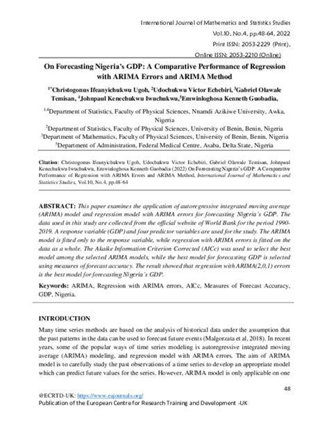 Pdf On Forecasting Nigerias Gdp A Comparative Performance Of Regression With Arima Errors