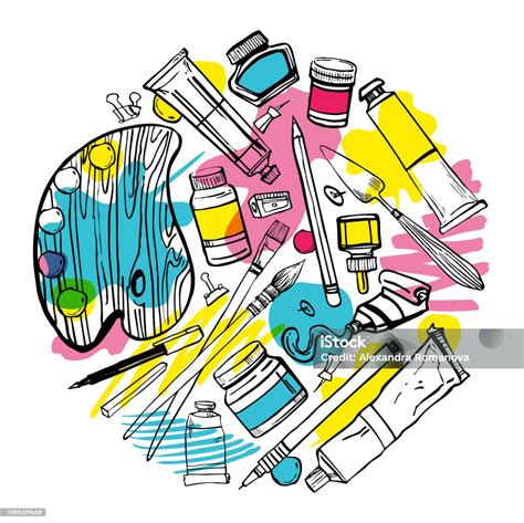 손으로 구성 라운드 그린 스케치 벡터 아티스트 자료 흑백 그림 색 얼룩 무늬 그림과 그리기 도구튜브 컨테이너 브러시 펜 연필