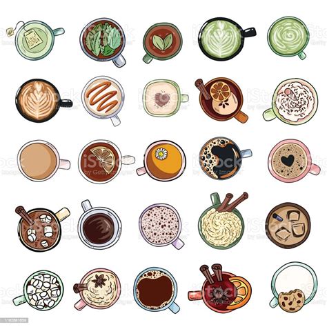 귀여운 맛있는 음료 세트 차와 커피 낙서 의 컵 낙서의 손으로 그린 만화 스타일의 컬렉션 커피 마실 것에 대한 스톡 벡터 아트