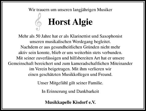 Traueranzeigen Von Horst Algie Sh Z Trauer