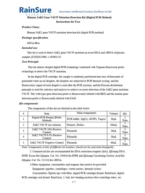 Ifu Human Jak2 V617f Mutation Detection Kit Digital Pcr A1 0 En Us Pdf Polymerase Chain
