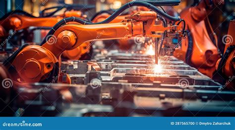 Industrial Robots Assembling And Welding Components On A Production Line Generative Ai Stock
