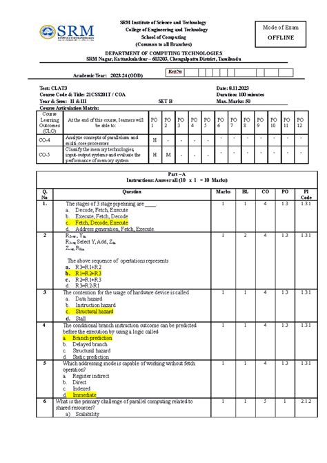 Clat3 Set B Answerkey Ct 03 Srm Institute Of Science And Technology College Of Engineering