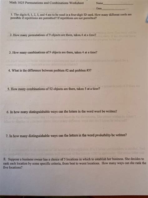 Solved Math 1025 Permutations and Combinations Worksheet | Chegg.com