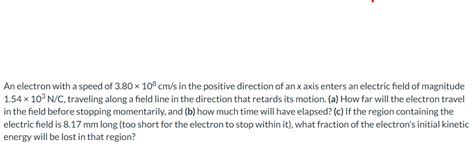 Solved An Electron With A Speed Of 3 80108cms In The Chegg Com