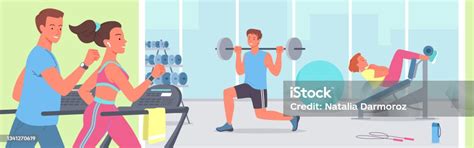 체육관 벡터 일러스트레이션에서 스포츠 운동을하는 사람들 만화 활성 젊은 스포츠 여자 남자 캐릭터는 러닝 머신 체육관 내부