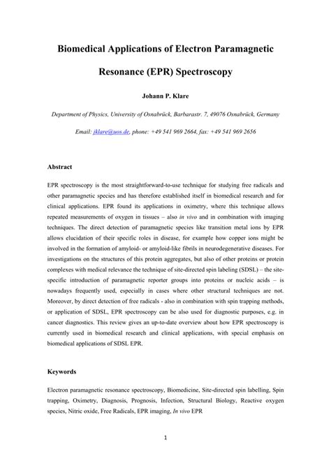 Pdf Biomedical Applications Of Electron Paramagnetic Resonance Epr Spectroscopy