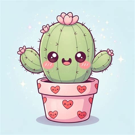Super Cute Kawaii Cactus With Big Eyes And Pink Flowers Stock